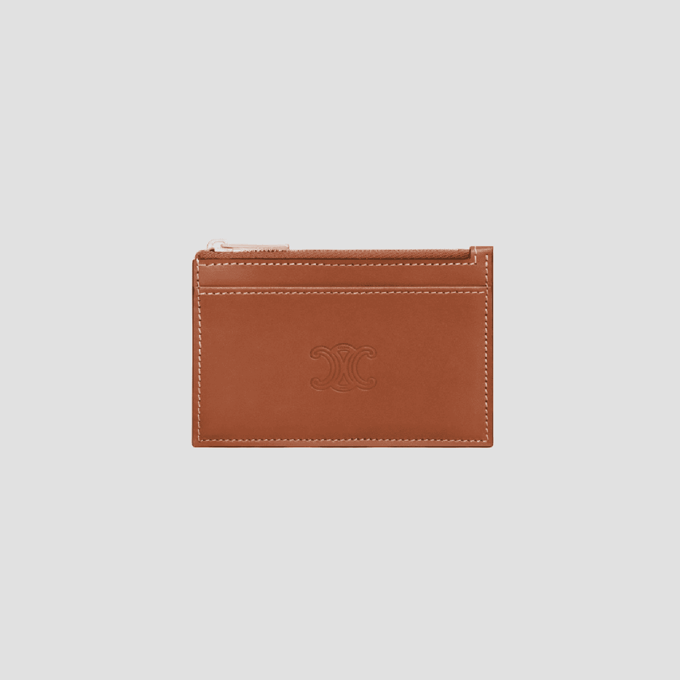 Celine Zipped Card Holder in Natural Calfskin – Triomphe Embossed Tan – Blank Room
